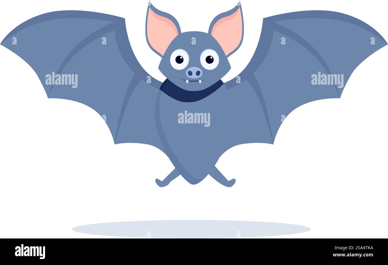 Cute grey bat is flying and spreading its big wings. Cartoon bat with ...
