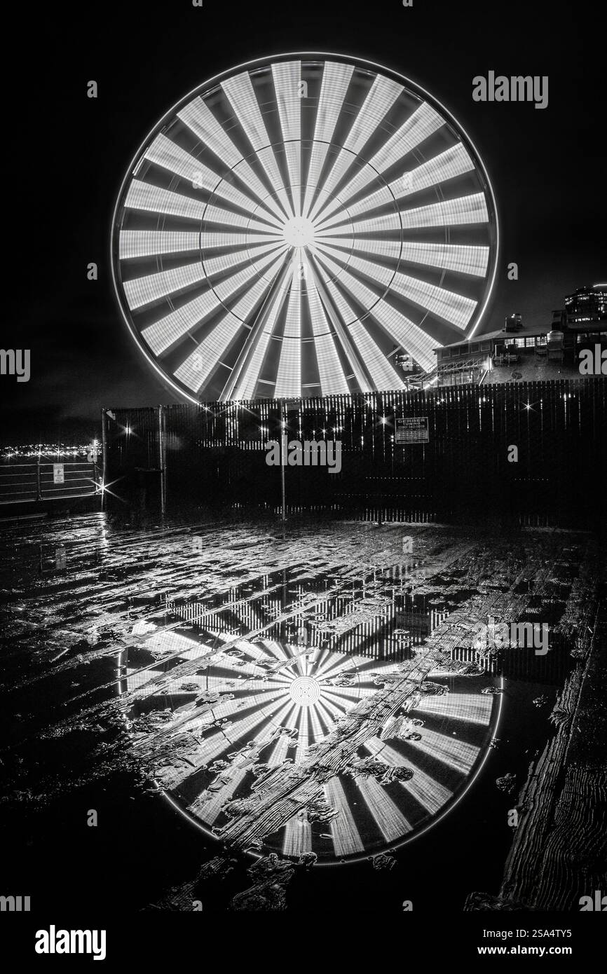 A black-and-white long exposure of the Seattle Great Wheel at night ...