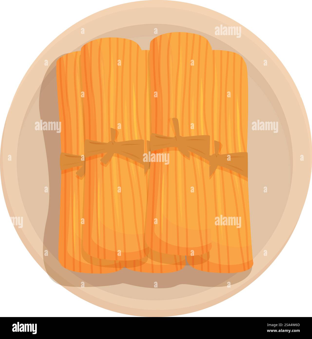 Three tamales tied with string are laying on a round plate. Delicious ...