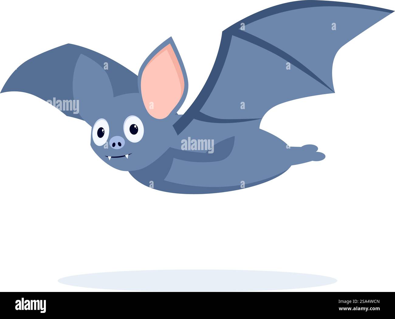 Cartoon bat with big eyes and a smile flying in the air. Cute grey bat ...