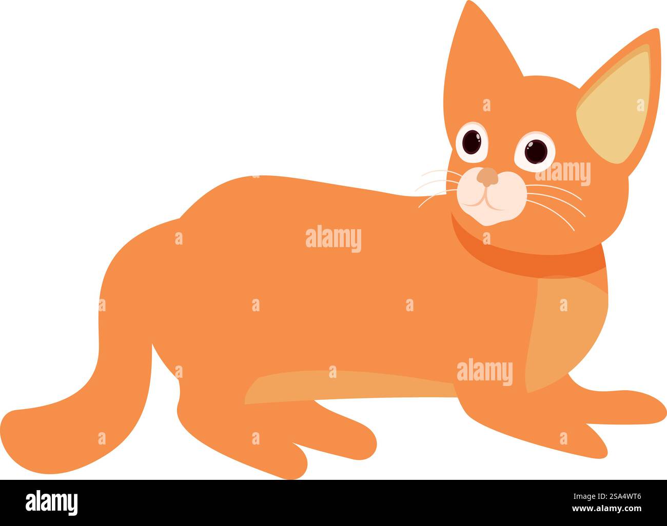 Charming ginger cat is lying down, its body stretched out, and its gaze ...