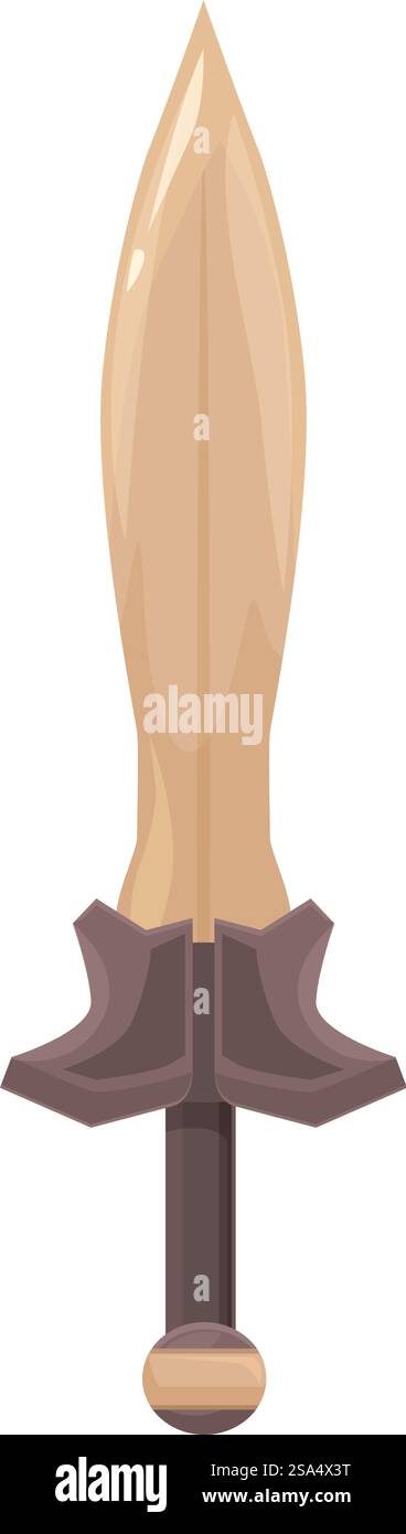 Sharp metal sword with wooden hilt pointing upwards on white background ...