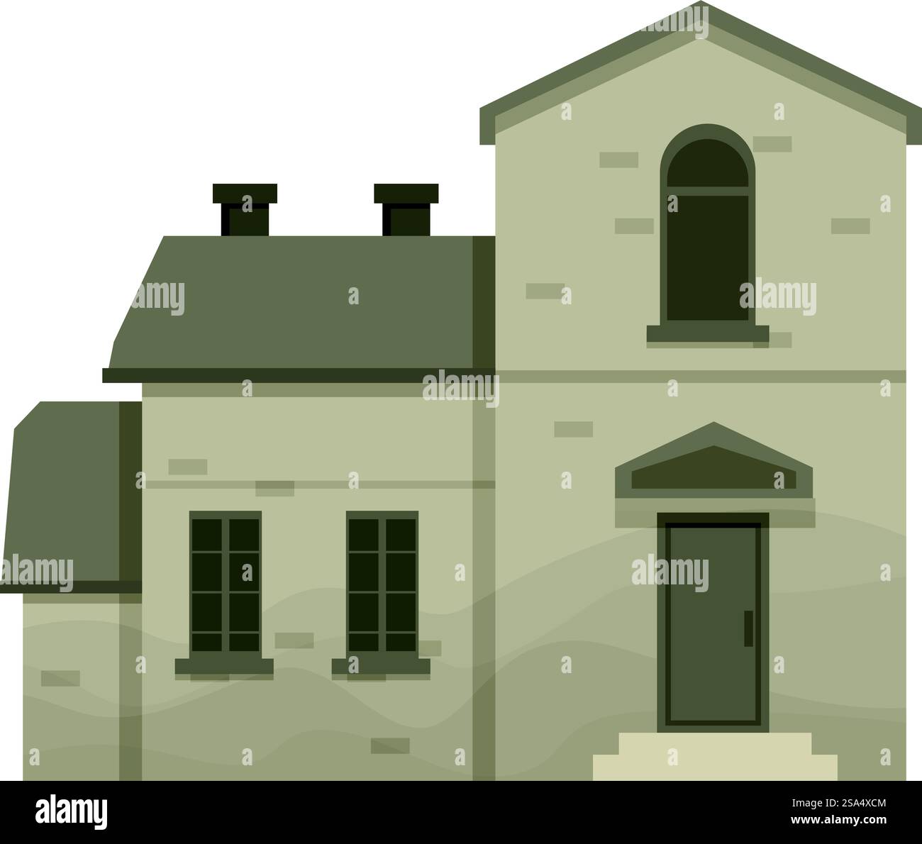 Old stone house with two chimneys, arched doorway and windows isolated ...