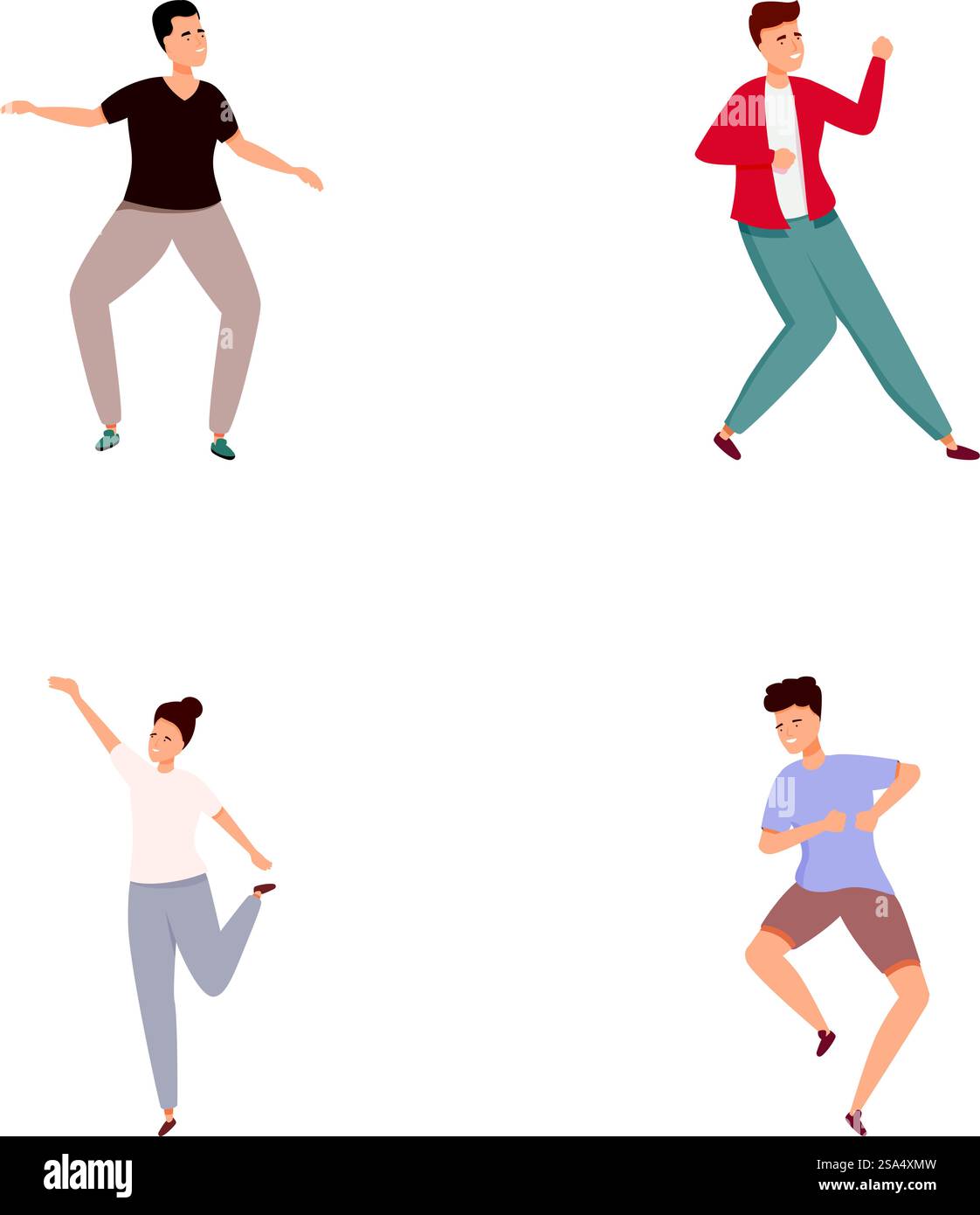 Four cartoon characters joyfully dancing isolated on a white background ...