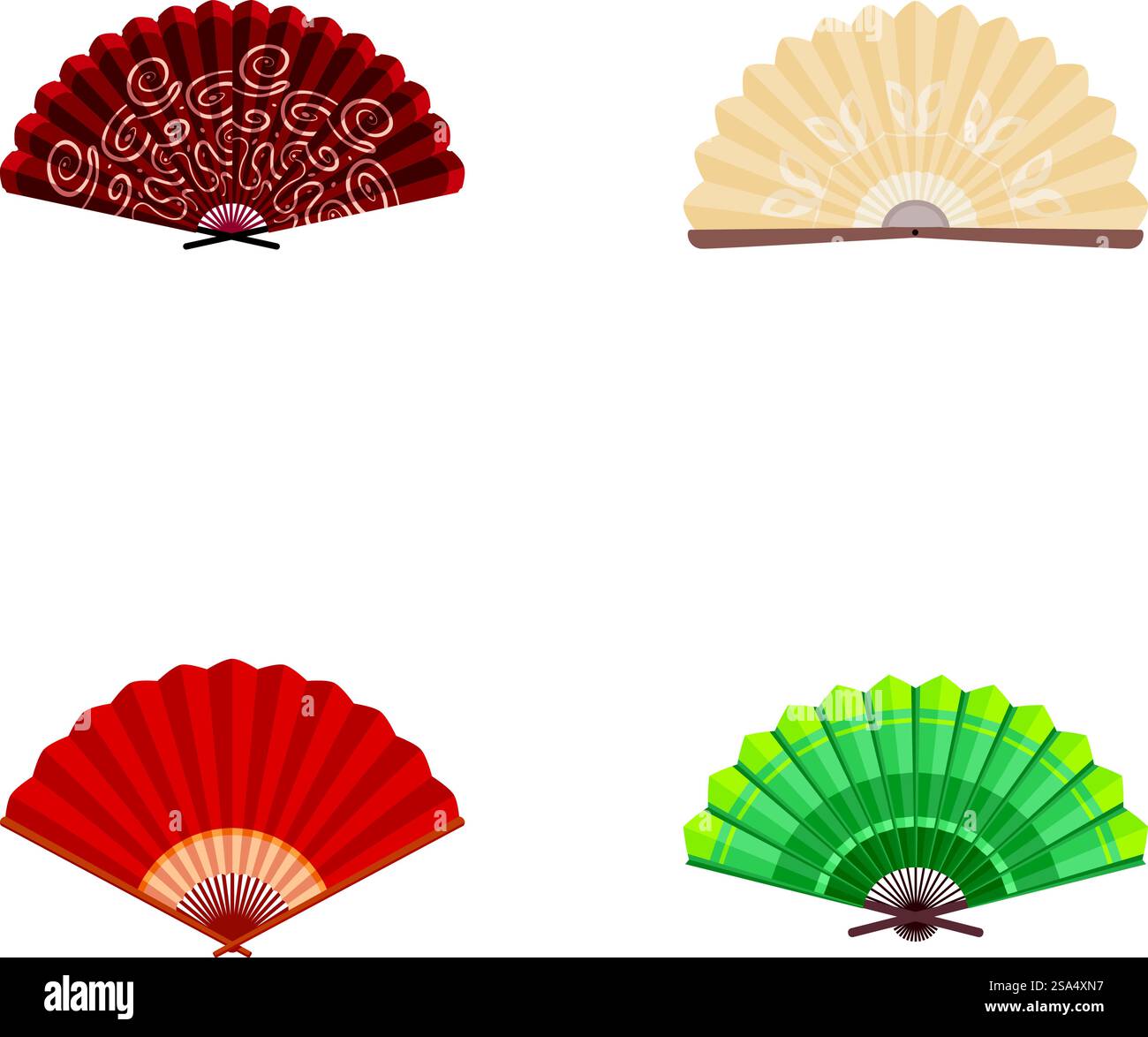 Collection of four elegant hand fans with different colors and patterns ...