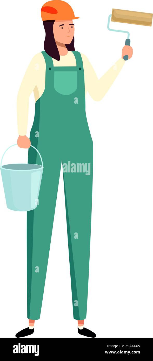Painter woman is holding a paint roller and a bucket, ready to start ...