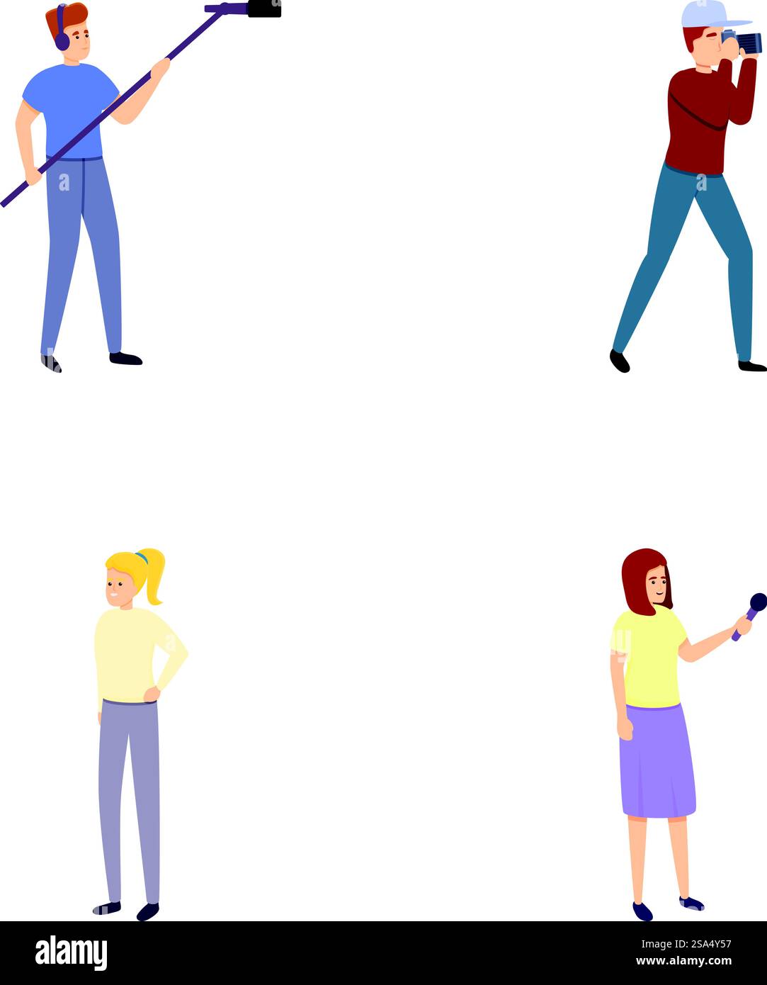 Journalist icons set cartoon vector. Reporter with microphone and cameraman. Television industry ...