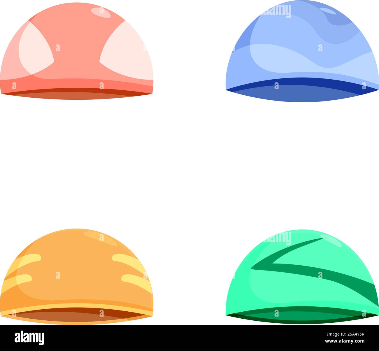 Collection of four isolated cartoon helmets in various colors for ...