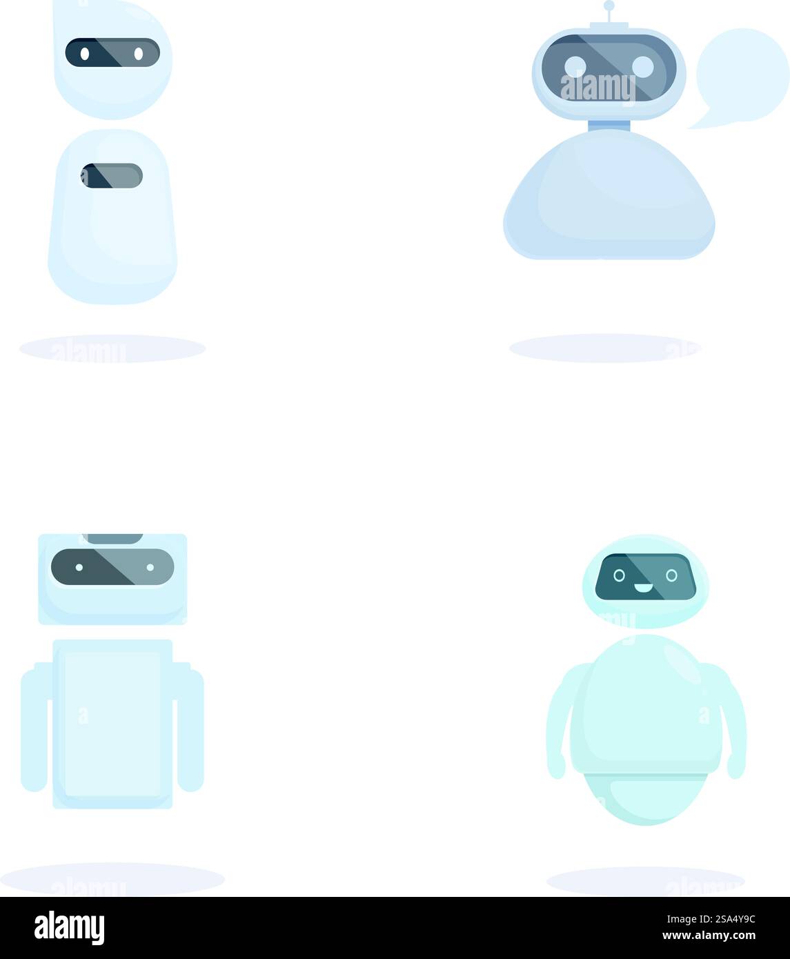 Collection of four cute domestic robot characters in a flat design style, isolated on a white ...