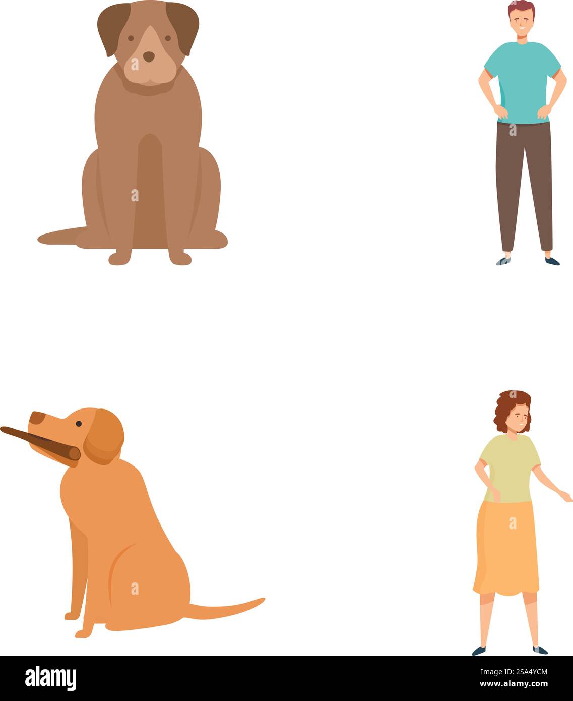 Set of friendly cartoon people standing with playful pet dogs isolated ...
