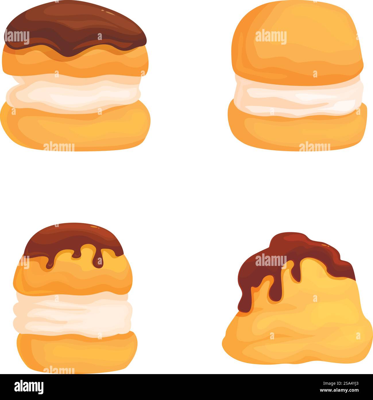 Collection of illustrated cream puffs with chocolate topping in various ...
