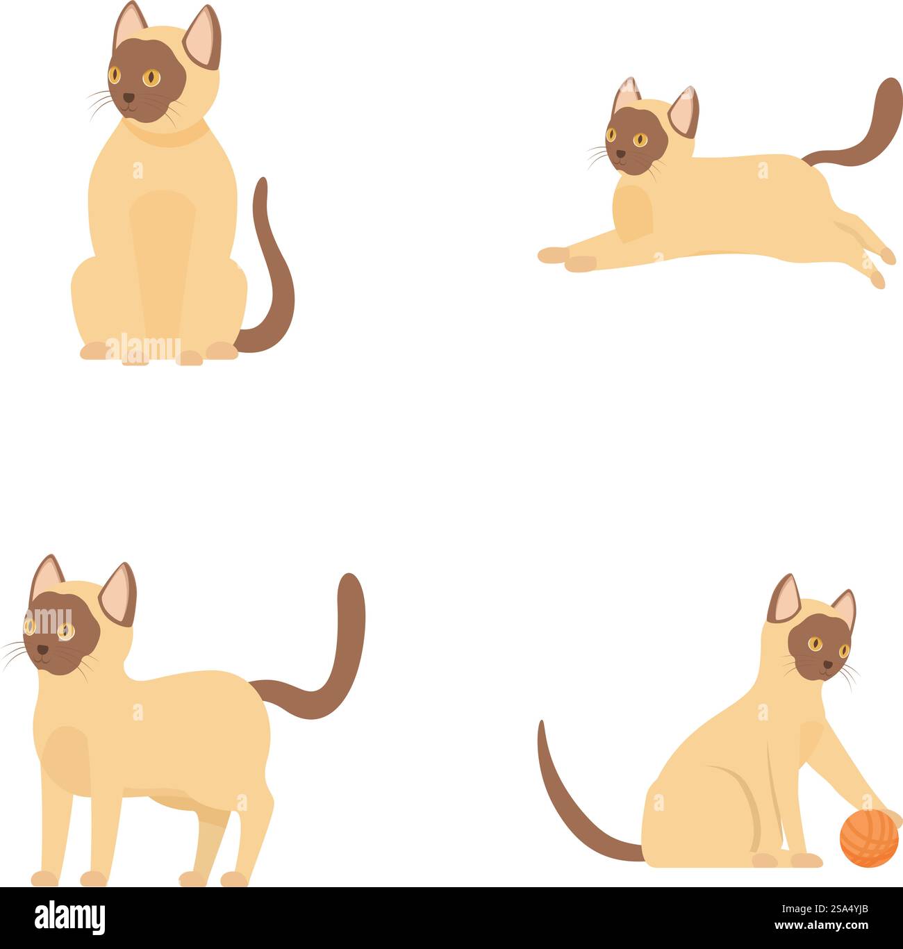 Set of four cute siamese cat cartoon illustrations in various poses. Cartoon siamese cat ...