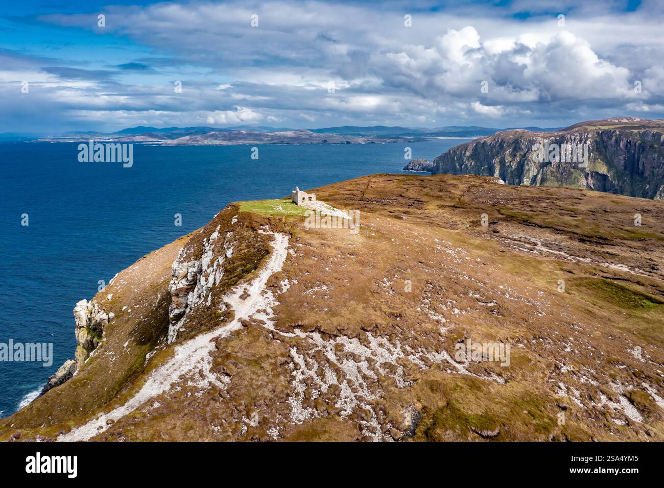 Aerial view of the cliffs of Horn Head and the look out tower at the ...
