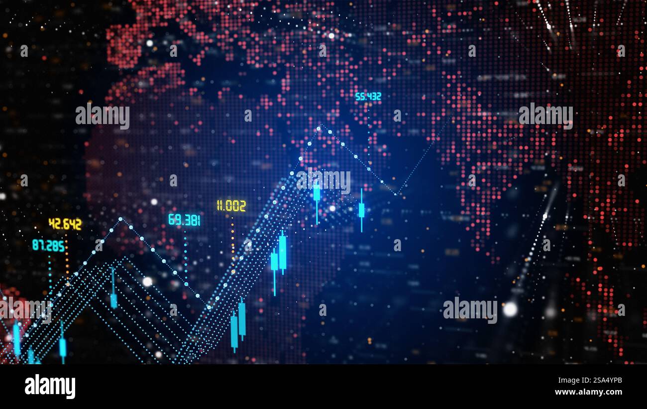 Trading chart showing numbers increase and decrease on different globe areas. Financial market ...
