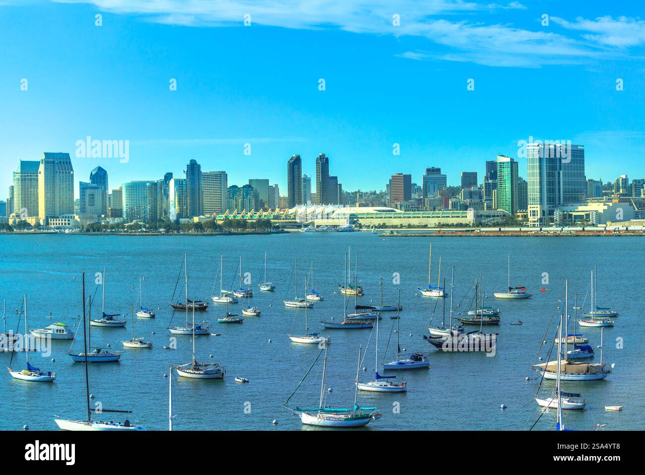 Aerial view of sailboats in San Diego Bay seen from Coronado Bridge ...