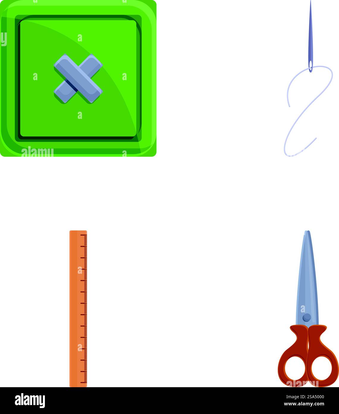 Sewing tool icons set cartoon vector. Needle, fabric piece, scissors ...