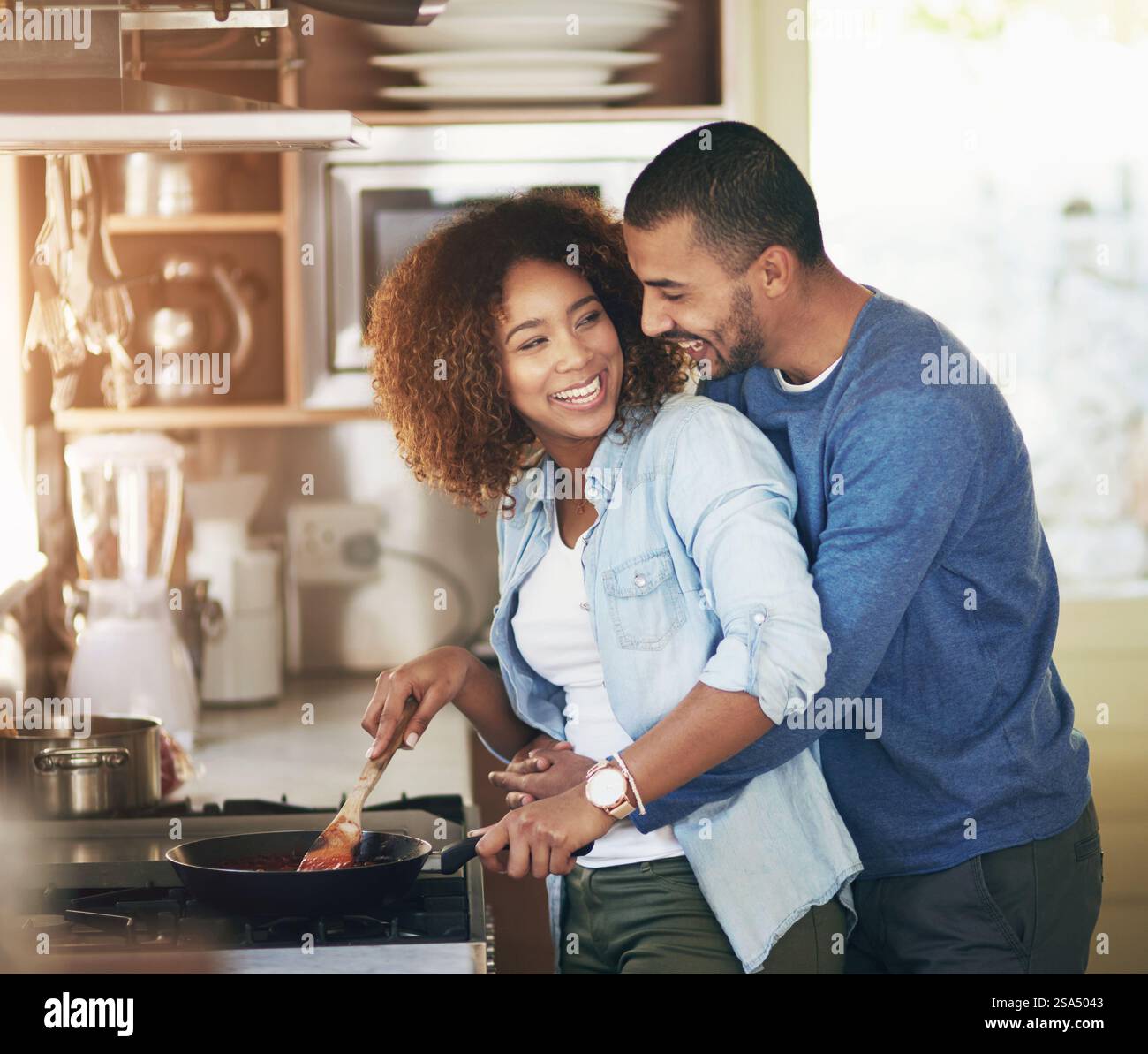 Man, woman and cooking food by stove at kitchen counter as meal prep ...