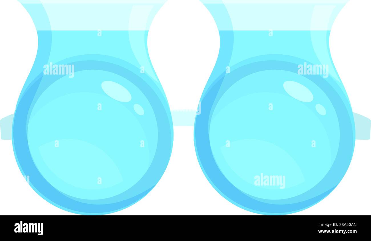 Chemist round glasses filled with blue chemical liquid for a science ...