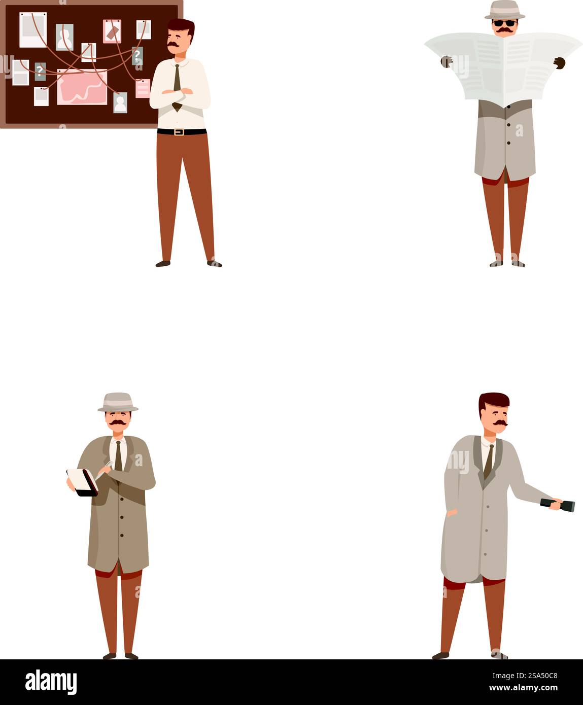 Collection of cartoon detectives with a variety of poses and ...