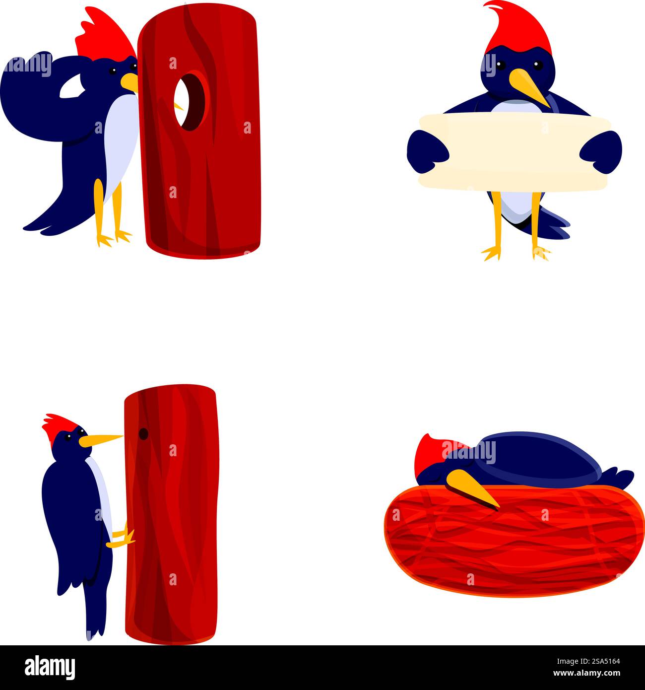Woodpecker bird icons set cartoon vector. Funny colorful woodpecker ...
