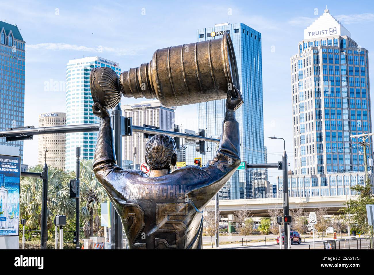 Tampa Bay Lightning Stanley Cup statue outside of the arena building ...