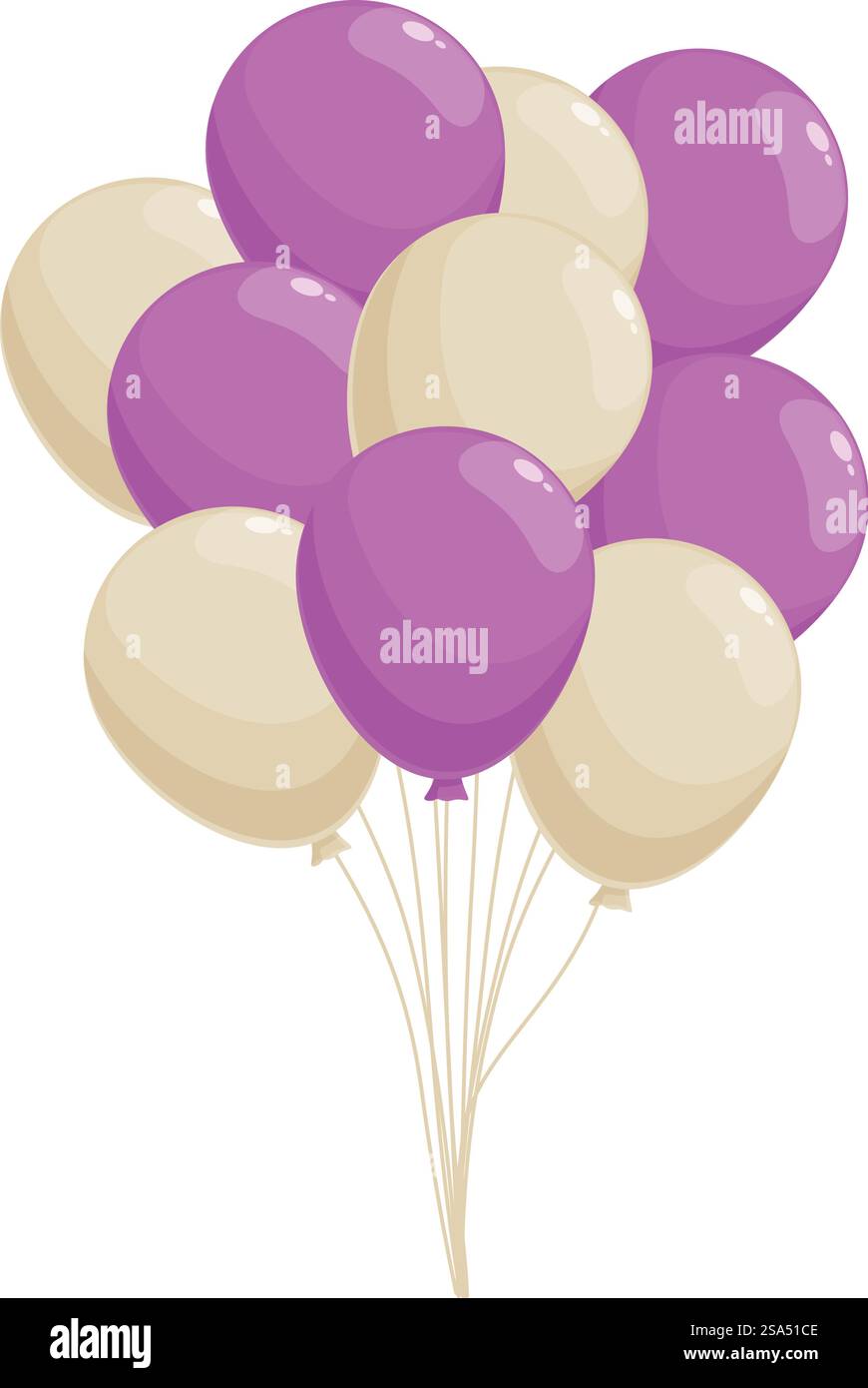 Bunch of purple and beige helium balloons floating with strings tied ...
