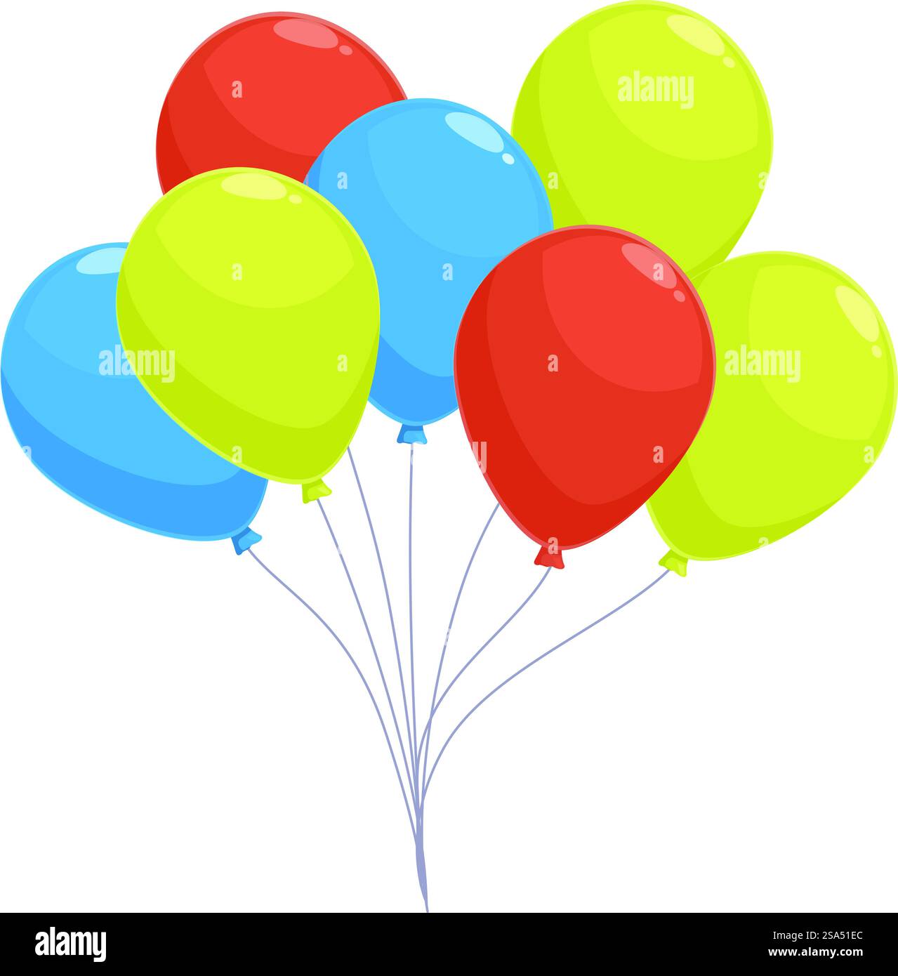 Bunch of colorful balloons is floating in the air, tied with strings ...