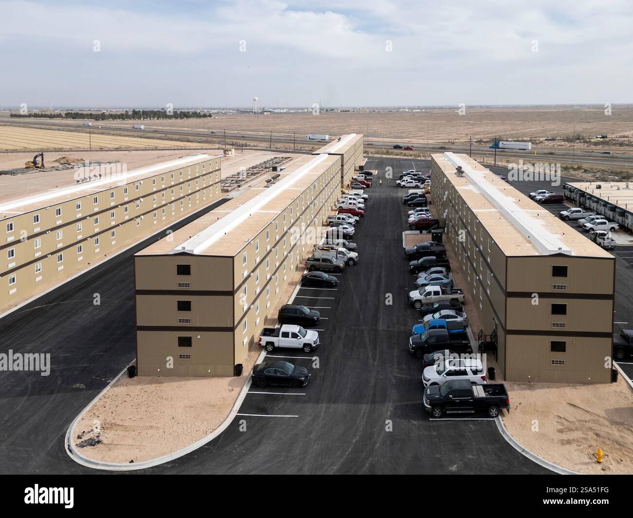 Aerial view of "man camp" temporary modular housing for oil production workers in the Permian ...