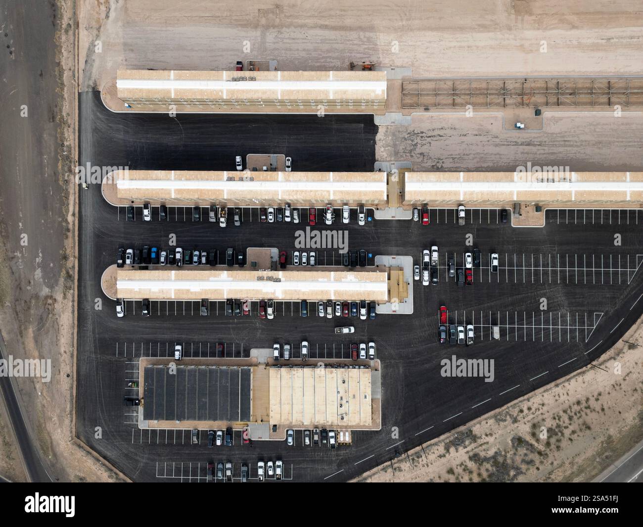Aerial view of "man camp" temporary modular housing for oil production ...