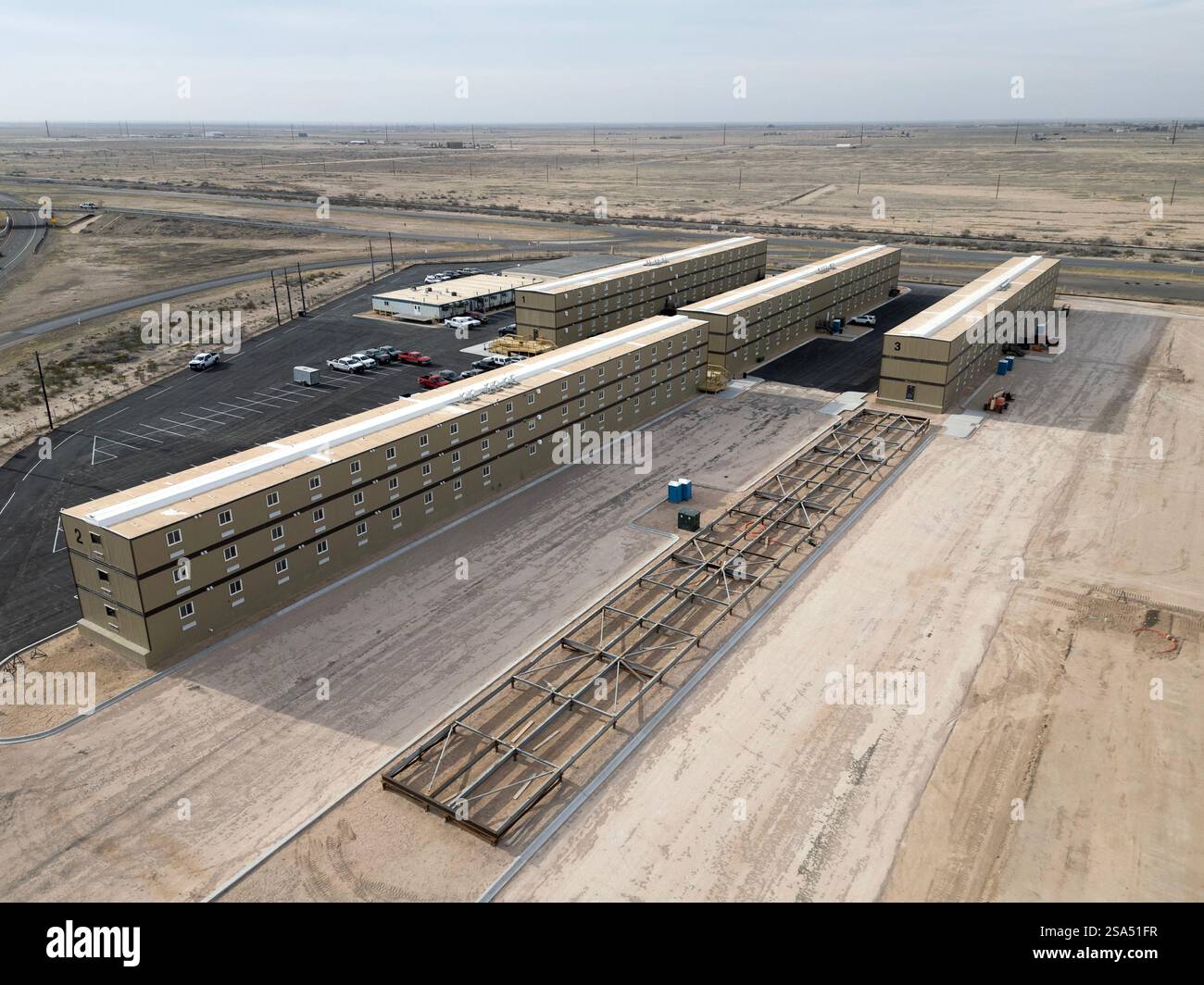 Aerial view of "man camp" temporary modular housing for oil production workers in the Permian ...