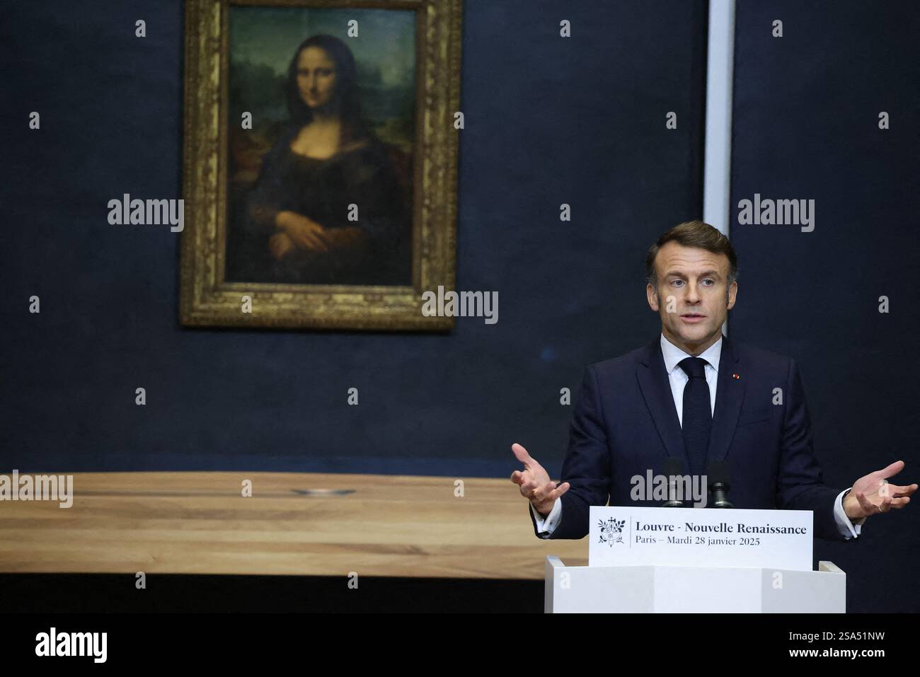 Paris, France. 28th Jan, 2025. French President Emmanuel Macron gives a ...