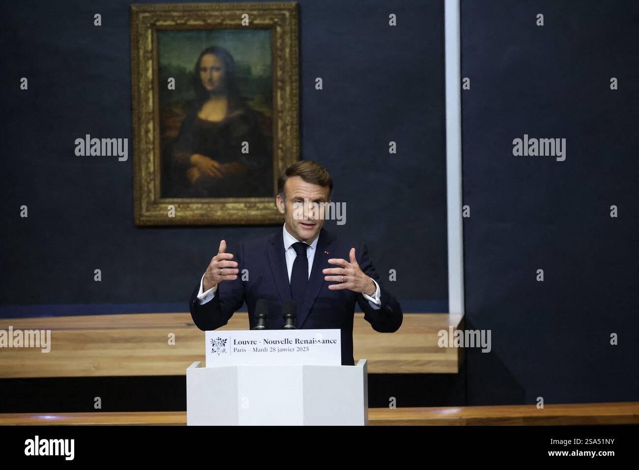 Paris, France. 28th Jan, 2025. French President Emmanuel Macron gives a ...