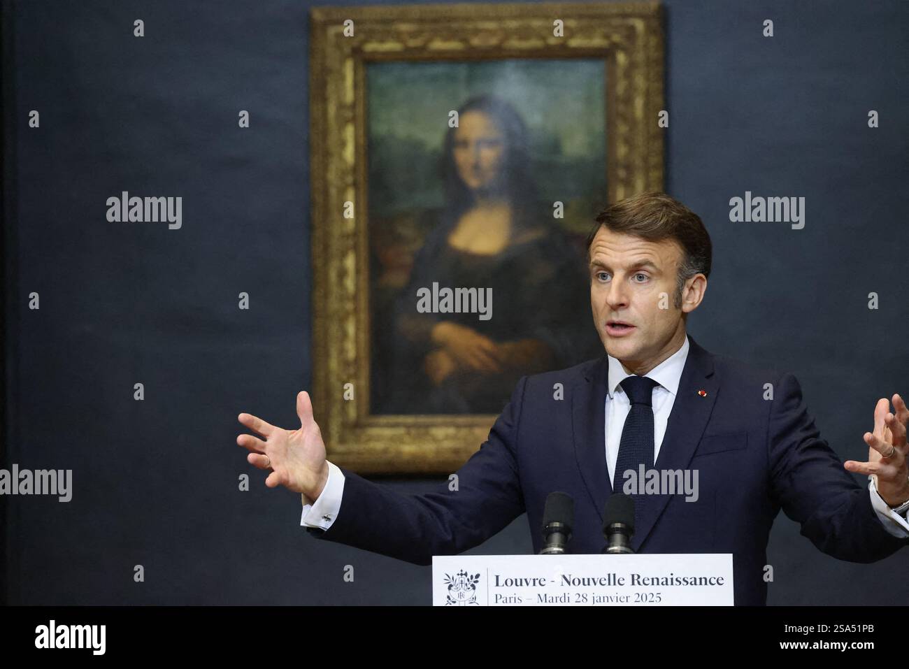 Paris, France. 28th Jan, 2025. French President Emmanuel Macron gives a ...