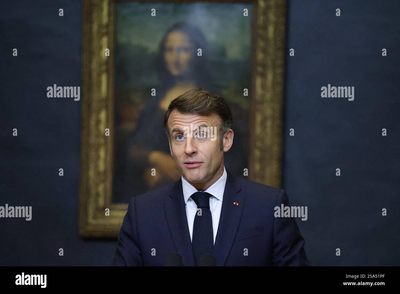 Paris, France. 28th Jan, 2025. French President Emmanuel Macron gives a ...