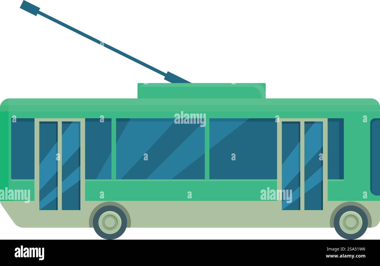 Side view of an electric trolleybus driving down a city street. Green ...