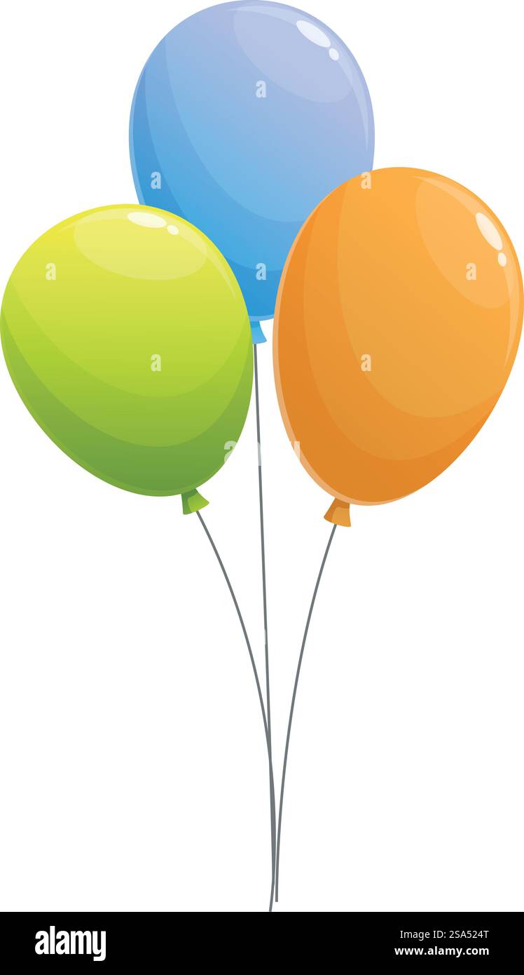 Three colorful balloons floating on a string for a party or celebration. Three colorful balloons ...