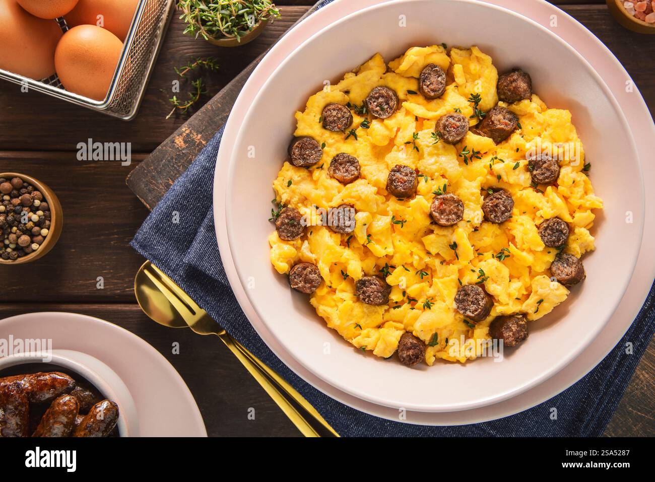 Delicious scrambled eggs with spiced Middle Eastern sausage or ''Sujuk ...