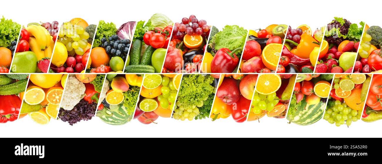 Fruits, vegetables and berries separated by slanted lines isolated on ...