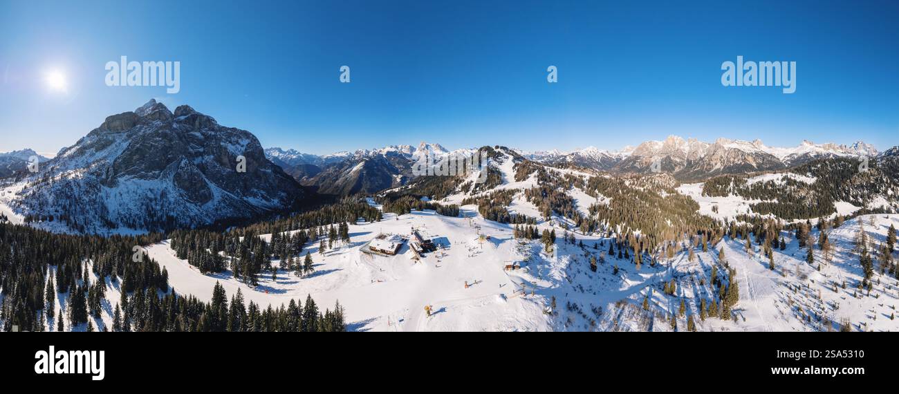 Aerial drone panorama of the Col dei Baldi locality, Alleghe, in the ...