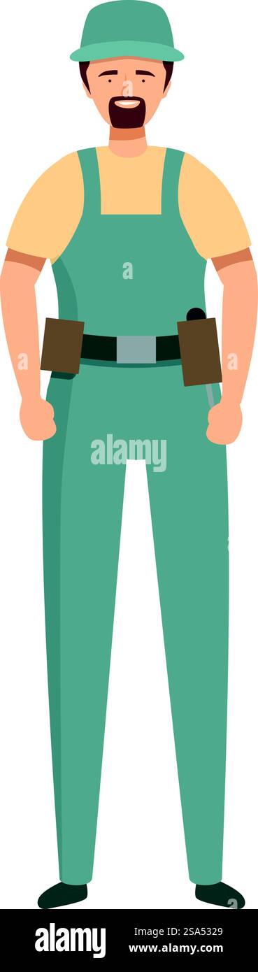 Confident handyman wearing green overalls and tool belt standing with ...