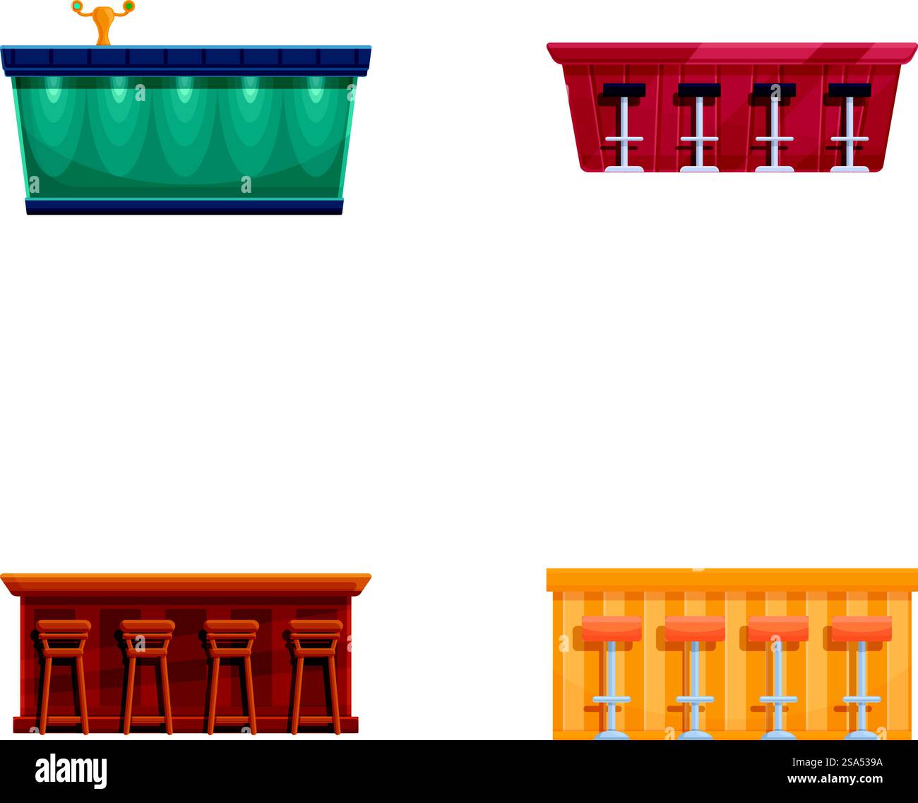 Pub interior icons set cartoon vector. Different bar counter and high ...