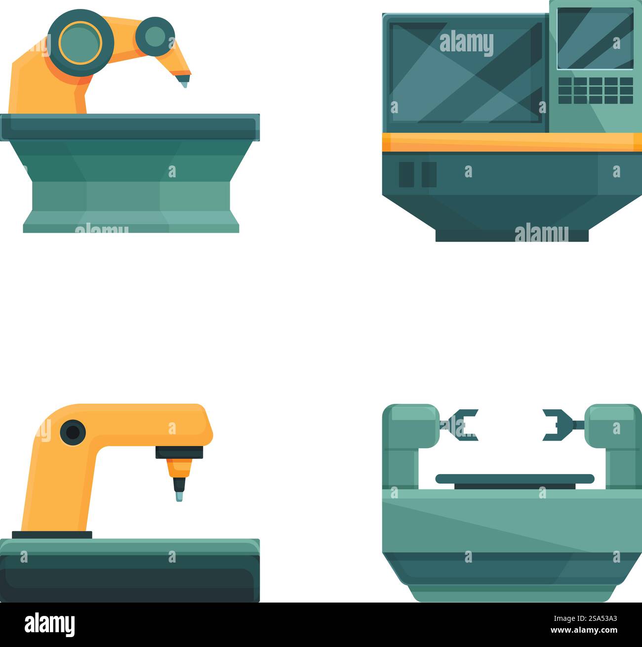 Cnc technology icons set cartoon vector. Computer controlled milling machine. Industrial tool ...
