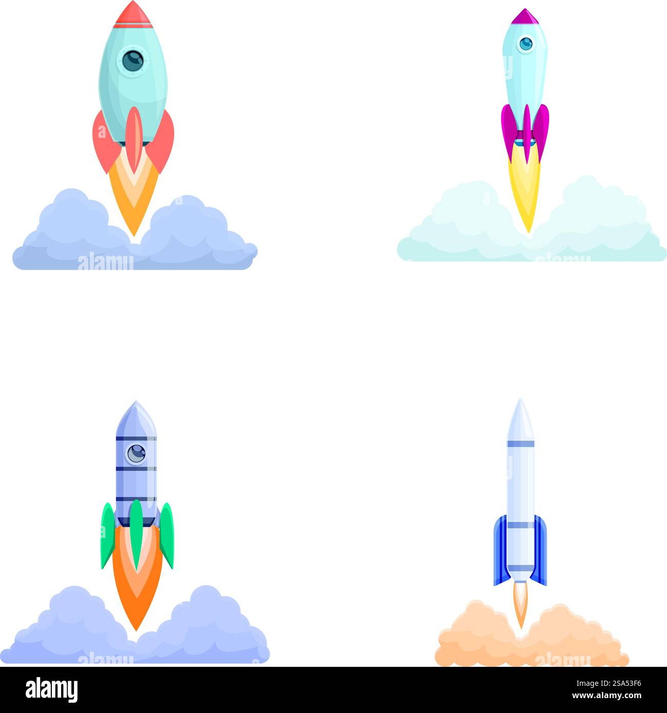 Rocket ship icons set cartoon vector. Rocket launch and fire flame ...