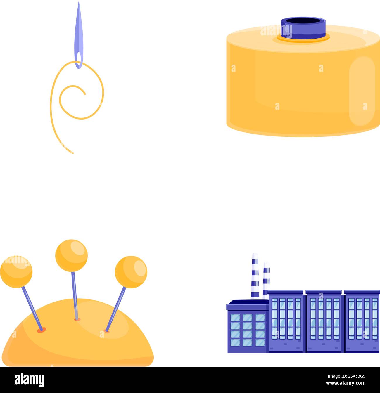 Textile Factory Icons Set Cartoon Vector Thread And Fabric Production Equipment Textile