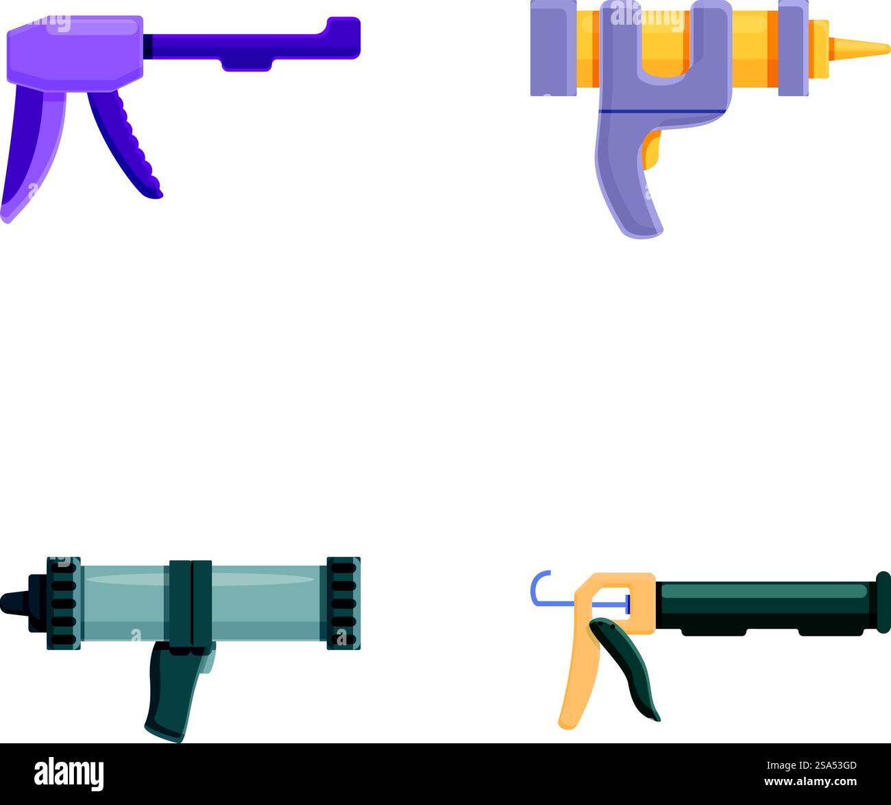 Caulking gun icons set cartoon vector. Metal silicone caulk gun. Construction and repair ...