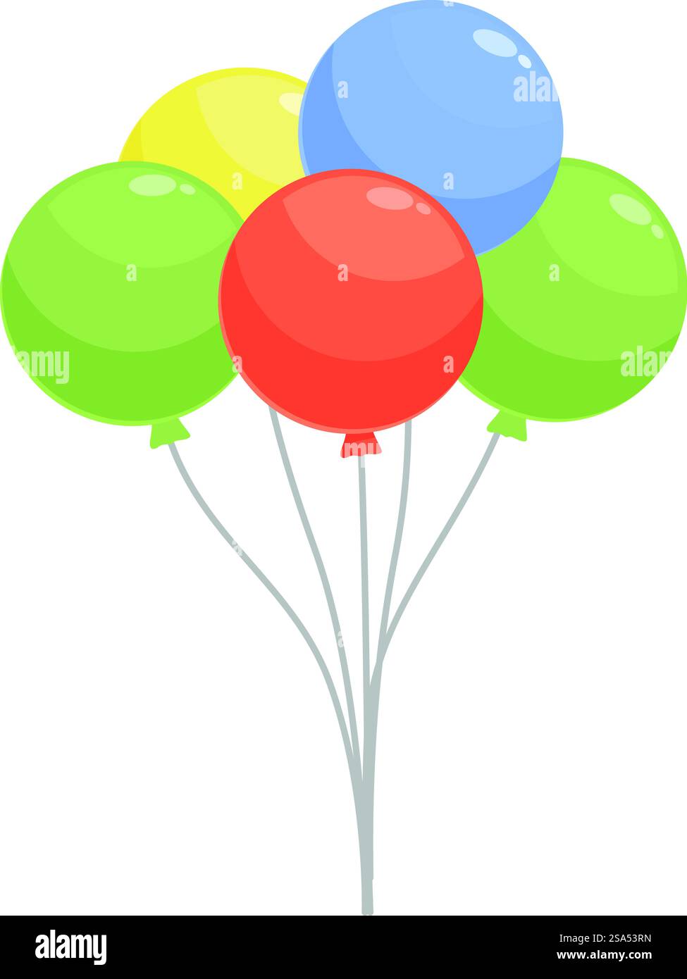 Five colorful balloons are floating in the air, tied together with a ...