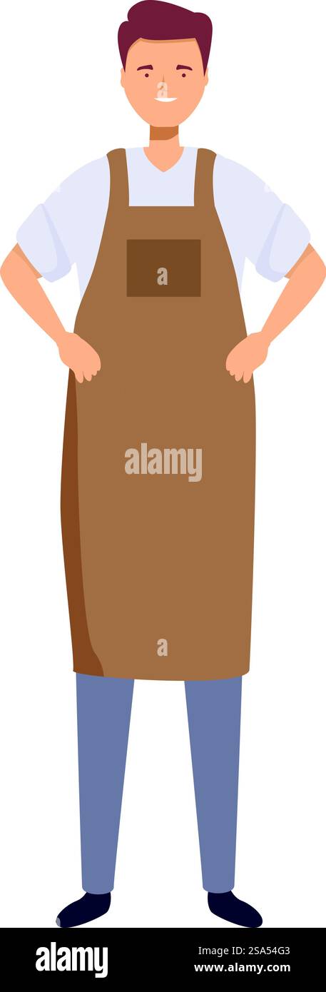 Confident male barista wearing brown apron smiling standing hands on ...