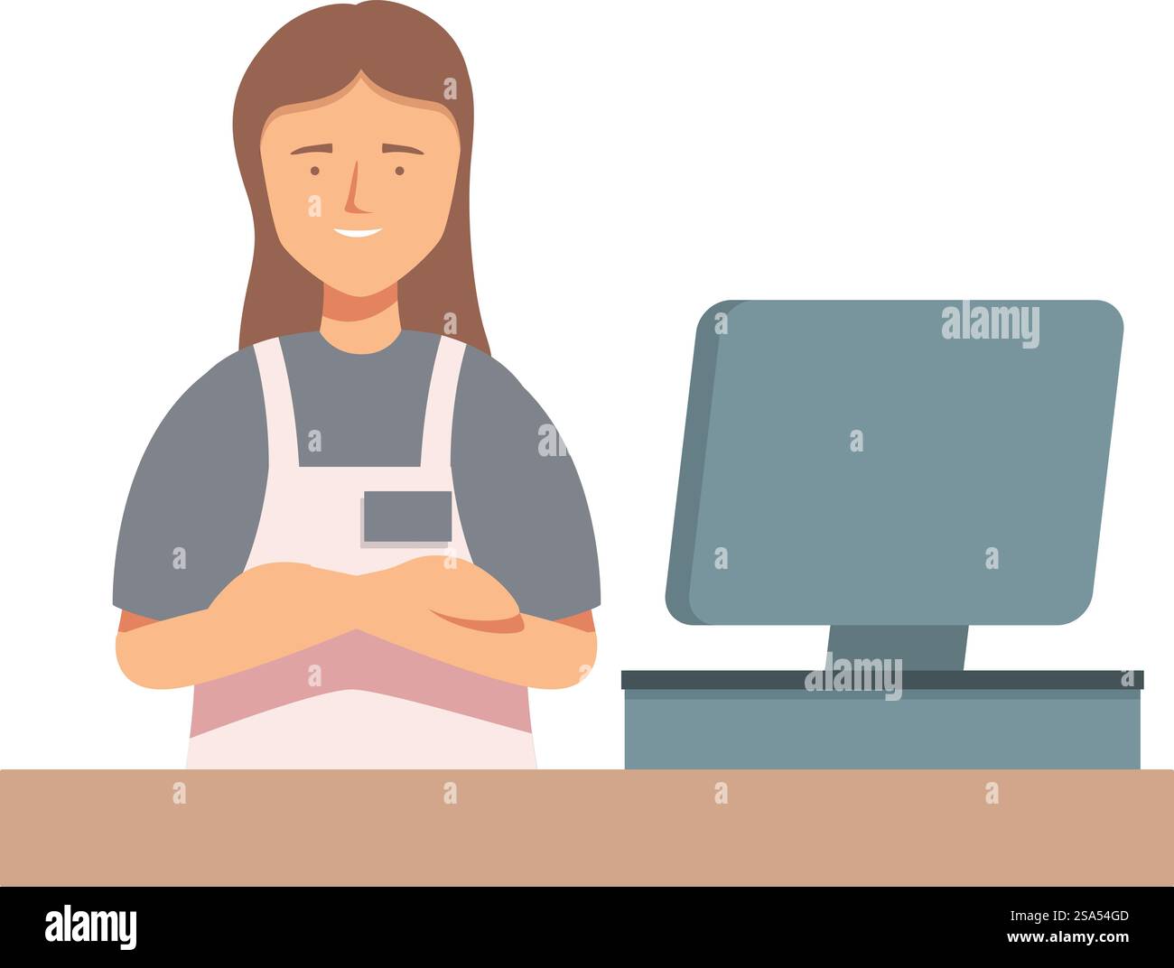 Young cashier woman wearing uniform standing behind counter desk with ...