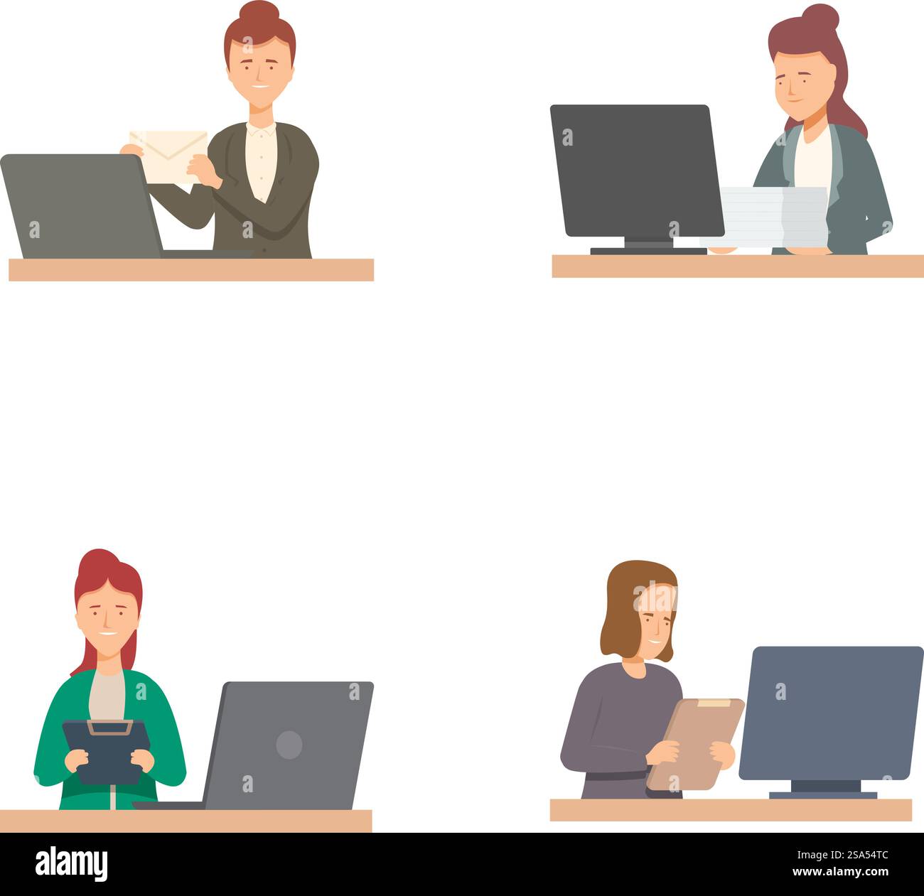 Collection of four flatdesign illustrations featuring professionals ...