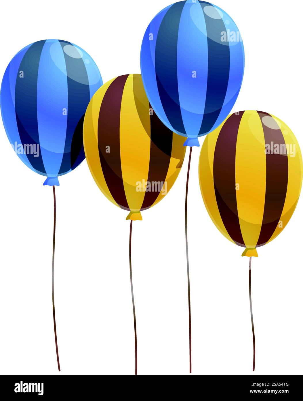 Four blue and yellow balloons are floating on strings against a white ...
